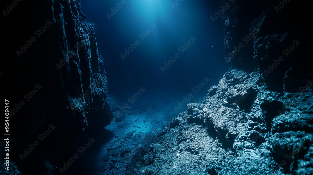 Mariana Trench, dark ocean depths with steep rock formations on the ...