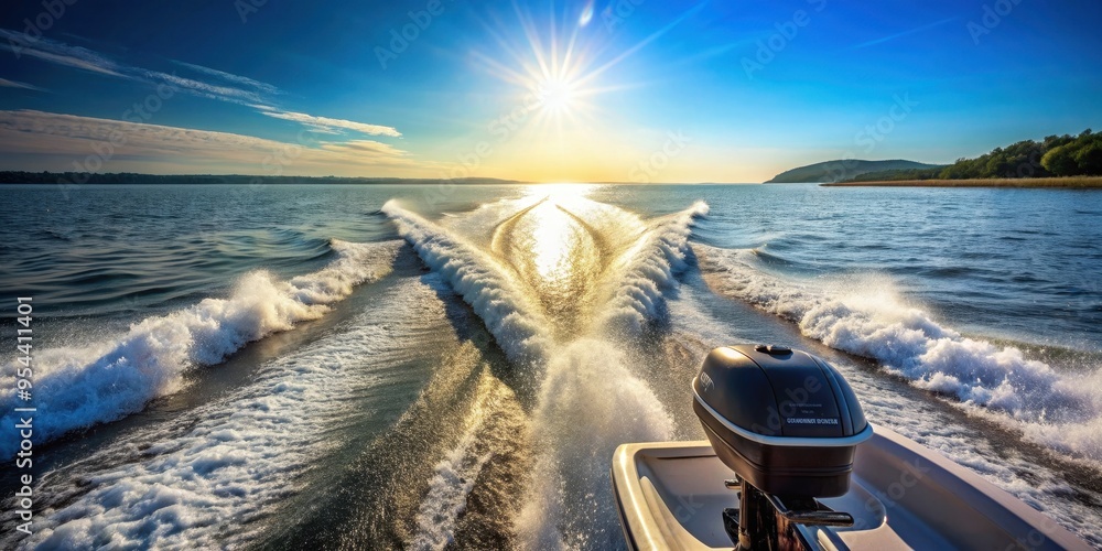 Outboard boat motor creating a trail of water behind it on a sunny day ...