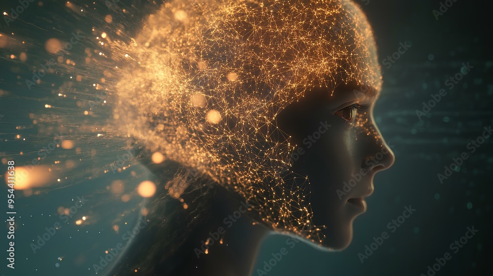 Digital art of a human brain transforming into a network of nodes and ...