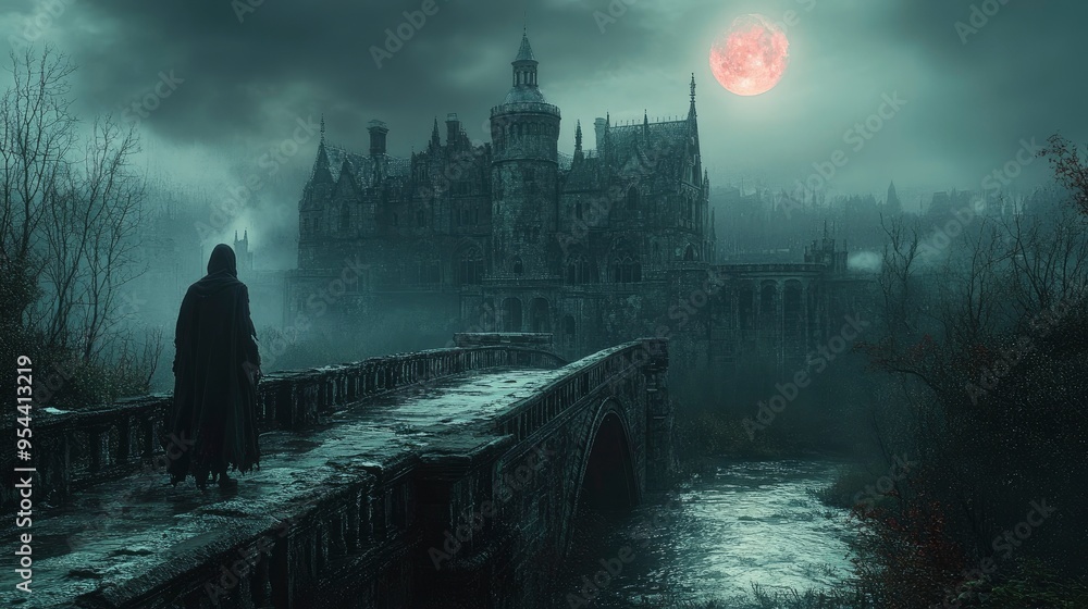 Scary castle at night, haunted place on Halloween. Dark scene with ...