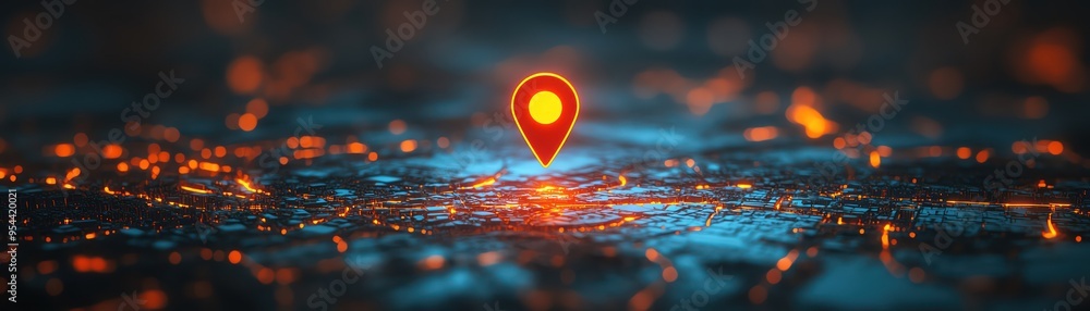 Red location pin glowing on a detailed digital map, pinpointing a spot ...