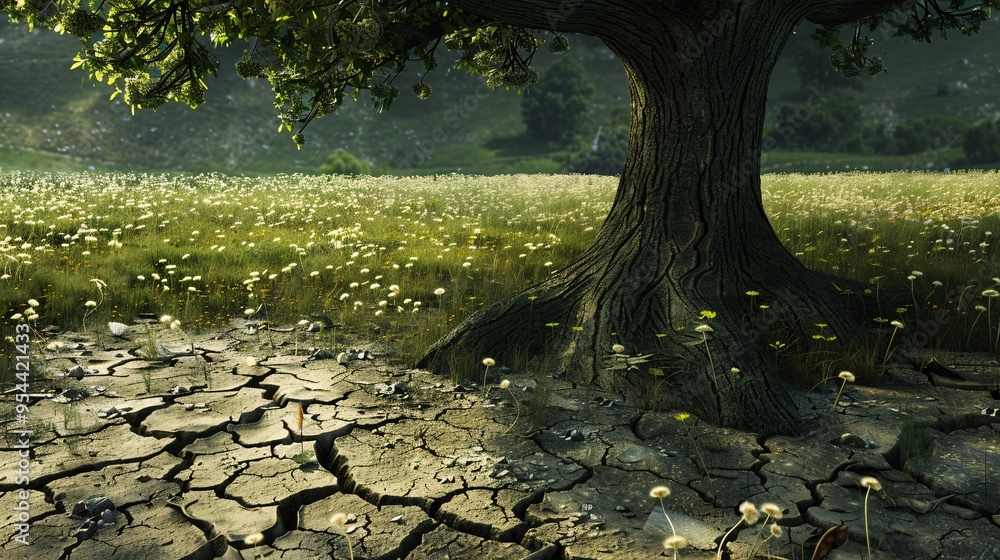 07231249 313. Artistic composition of a tree rooted in dry, cracked ...