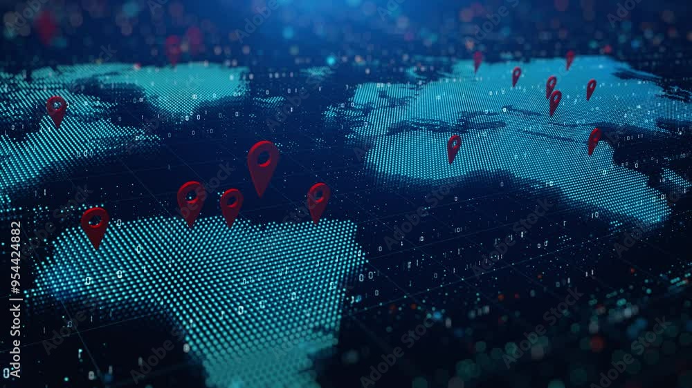 Digital world map with red location pins marking various points across ...