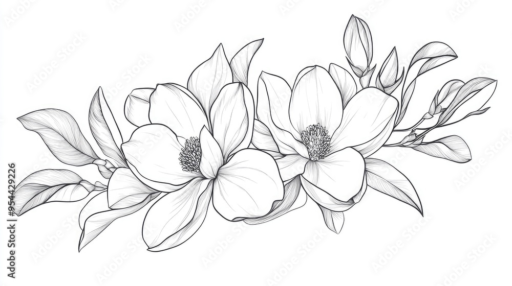 Magnolia Line Art Illustration Floral Line Drawing Flower Coloring Page ...