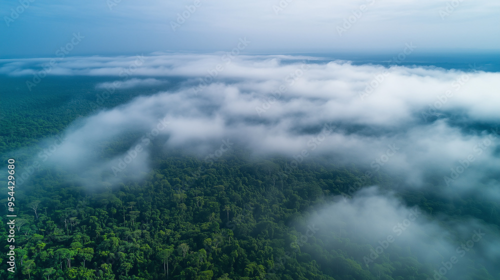 Amazon rainforest, view from above the tree canopy by helicopter, see ...
