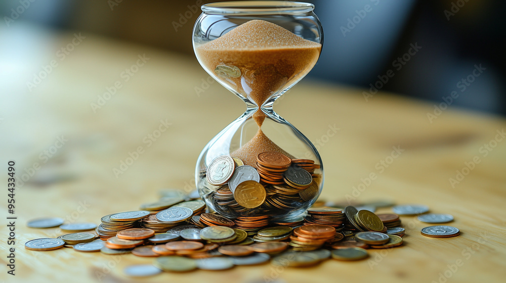 An hourglass filled with sand made of coins, with the lower half nearly ...