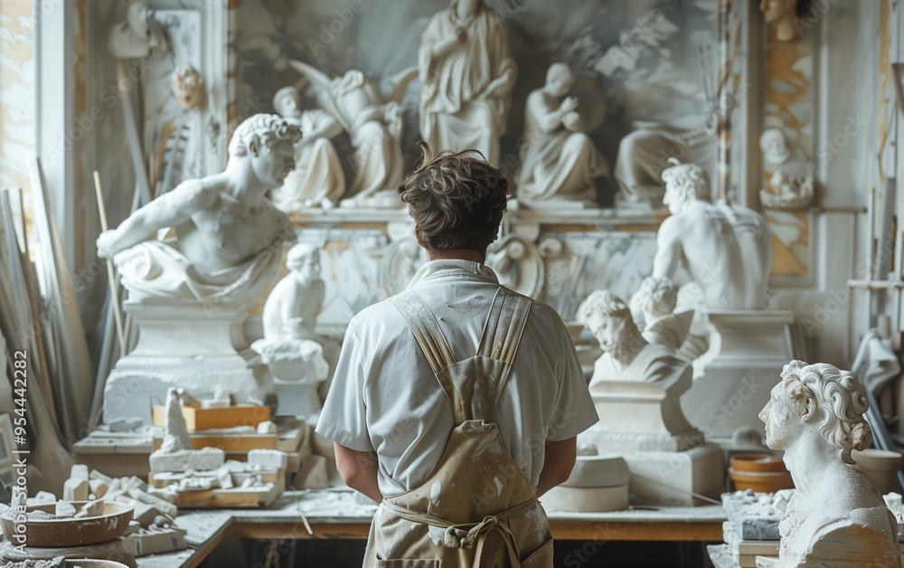 Generative AI of Young Artist Contemplating Classical Sculptures in ...