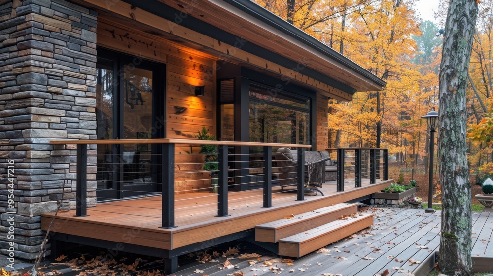 Deck: An elevated wooden platform attached to the house, often ...