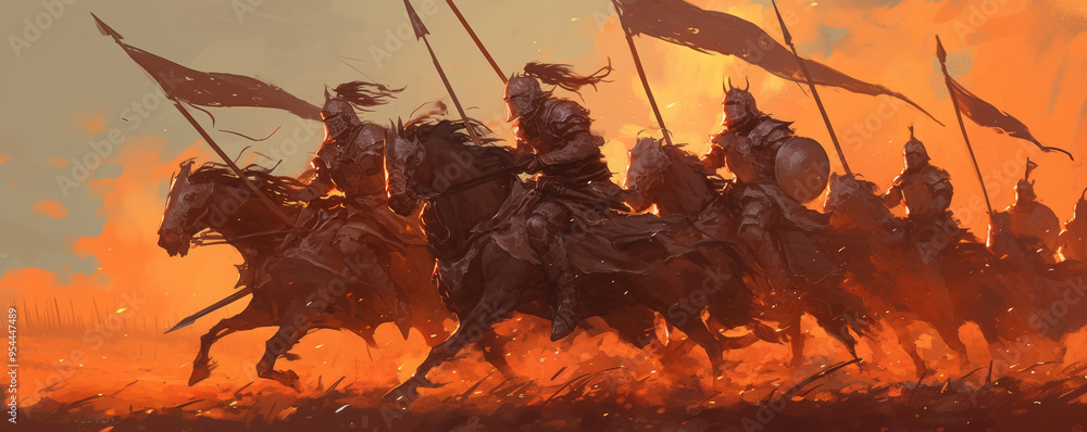 Charging warriors on horseback create dynamic scene of battle, with ...
