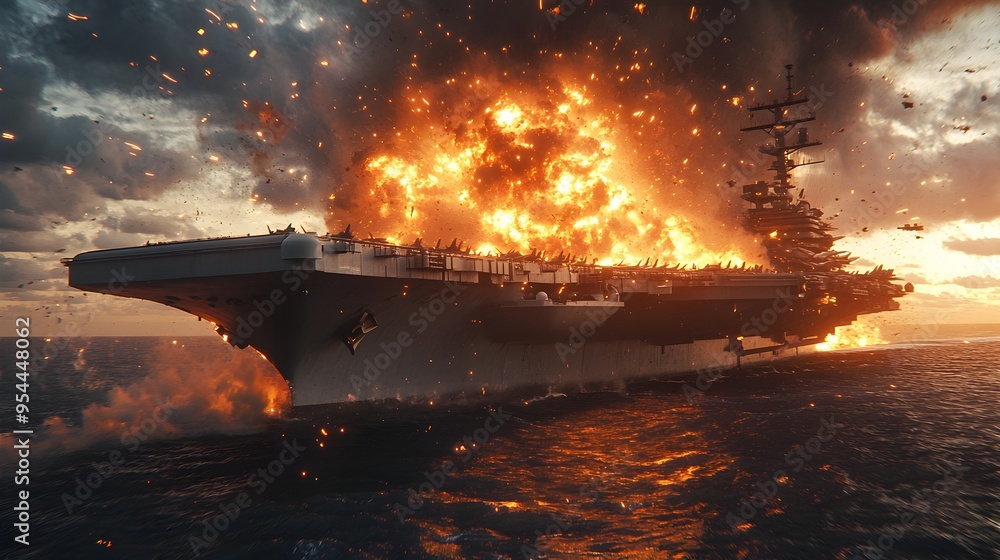 Dynamic scene of an airplane mid-explosion above an aircraft carrier ...