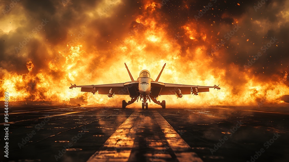 Fighter jet caught in a fierce explosion on an aircraft carrier, with ...