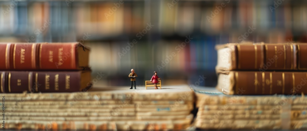 Miniature figures among vintage books, capturing a creative perspective ...