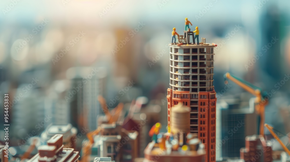 Miniature construction workers building a skyscraper in a vibrant ...