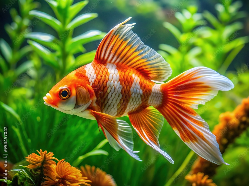 Vibrant orange and white striped freshwater fish with elaborate fins ...