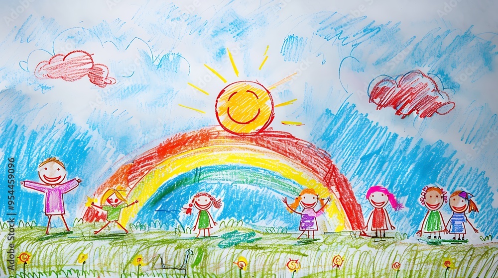 A colorful crayon drawing by a child featuring a bright rainbow ...