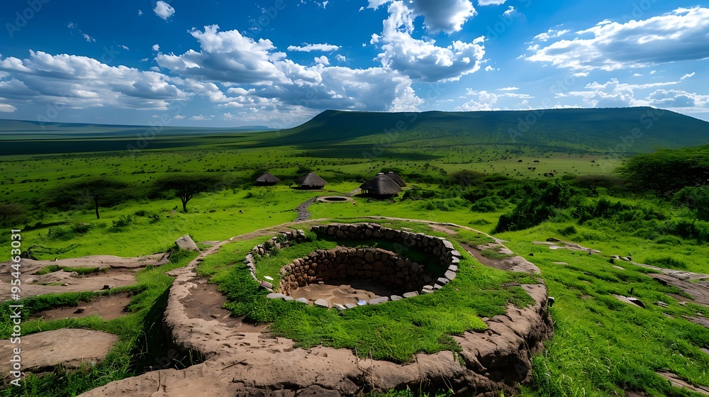 A traditional Maasai mud hut village arranged in a circular layout ...