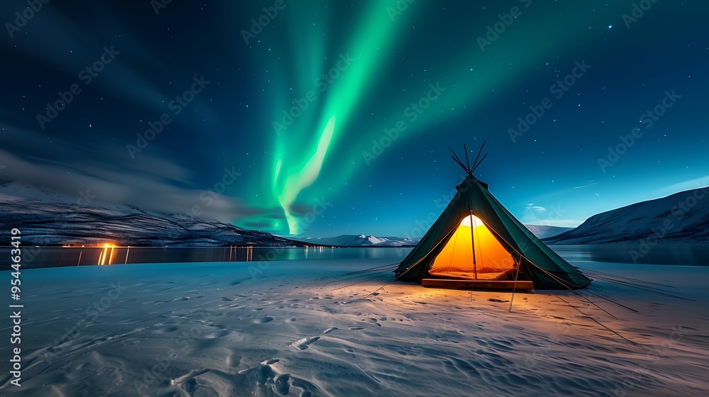 A traditional Sami lavvu tent, set under the breathtaking northern ...