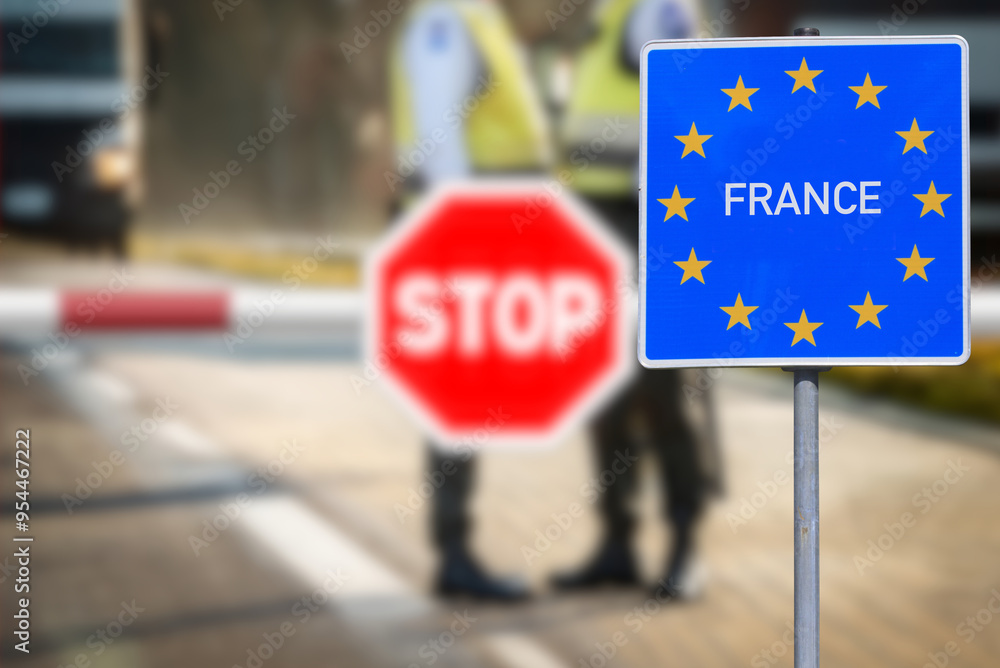 Stop sign, barrier and control at the border with France Stock Photo ...