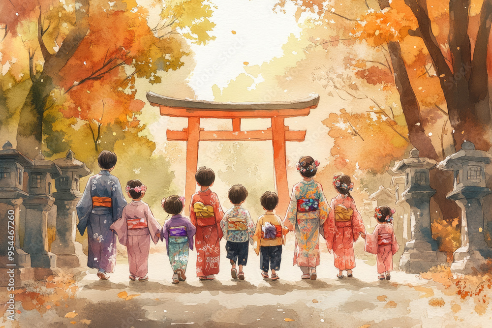 Japanese family walking towards a Shinto shrine to celebrate Shichi-Go ...