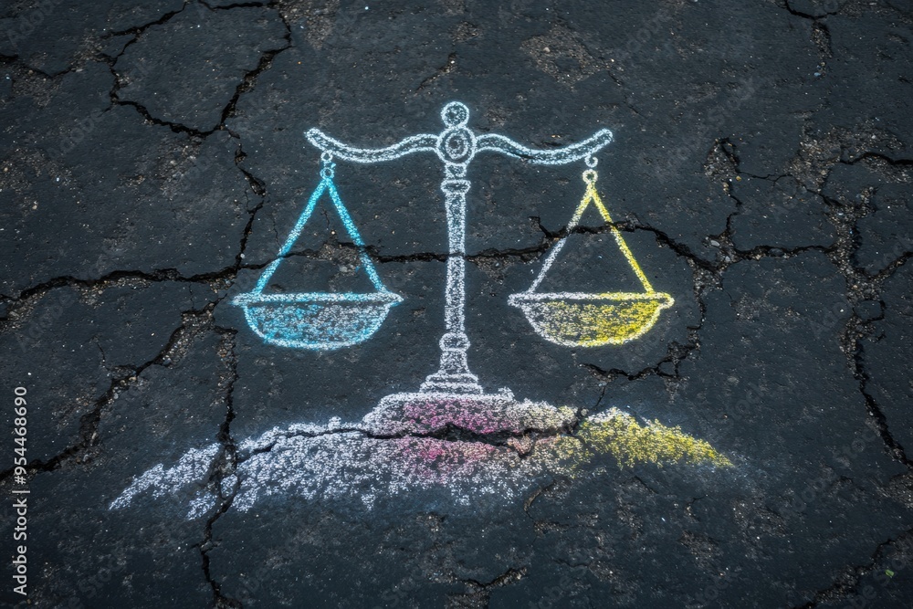 Colorful chalk drawing of justice symbols on a cracked concrete wall ...