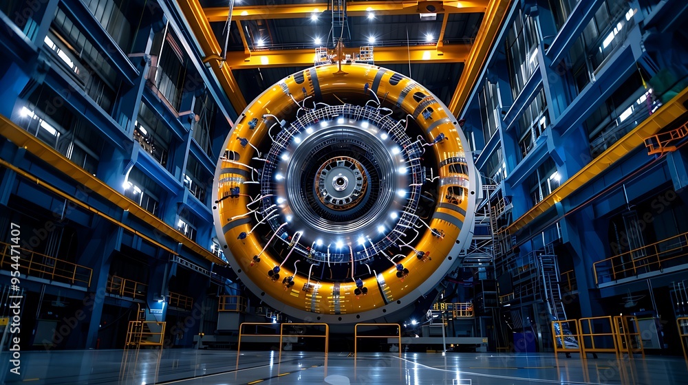 A massive fusion reactor facility, where towering magnets and cutting ...