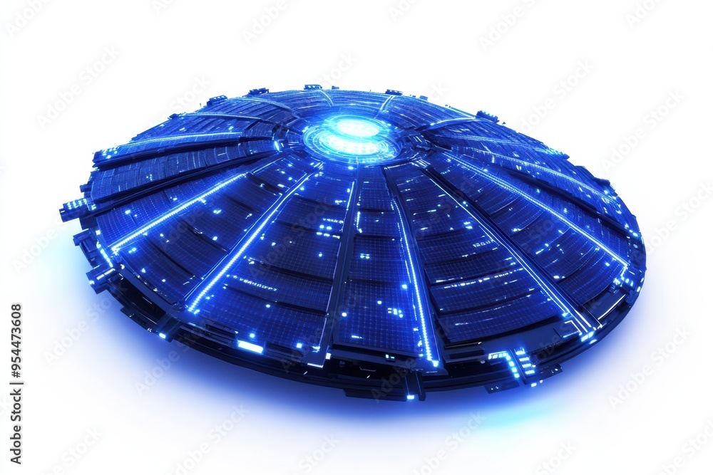 Futuristic solar array in space with glowing blue lights and sleek ...