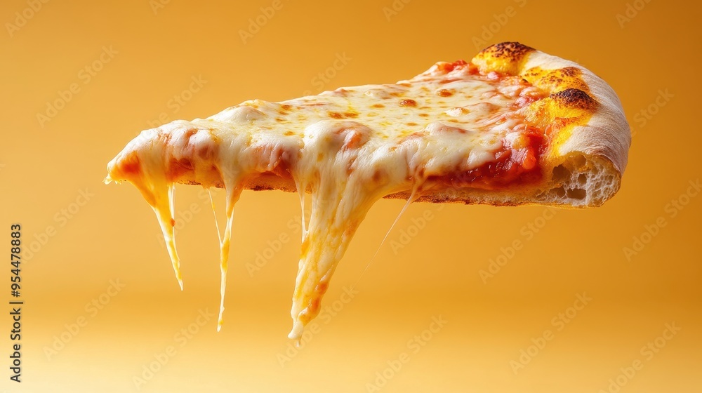 Close-up of a pizza slice flying being pulled, with mozzarella cheese ...