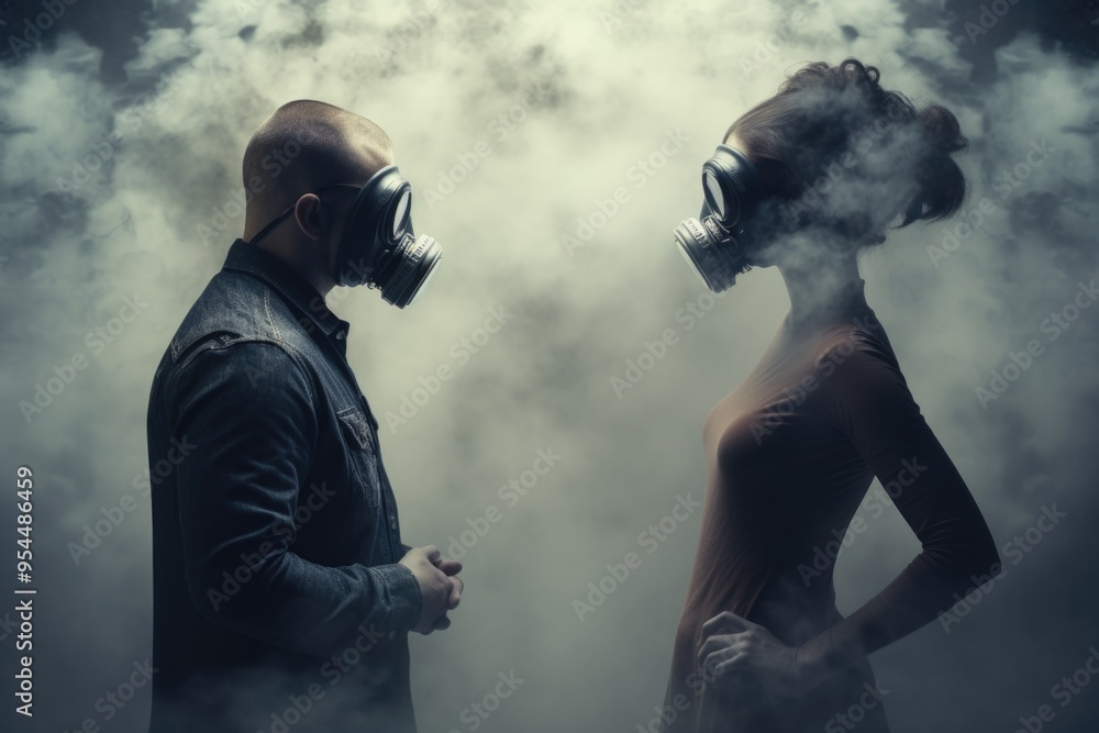 Generative AI of Mysterious Couple in Gas Masks Amid Smoke: Visual ...