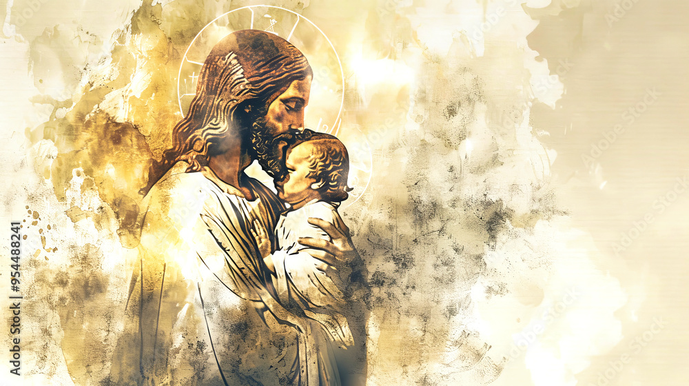 Jesus lovingly embraces baby Jesus, captured in gentle watercolor hues ...
