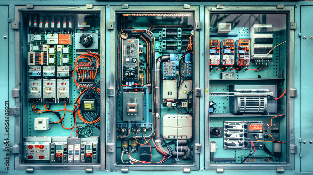 A control panel showcases colorful circuit boards and wiring, revealing ...