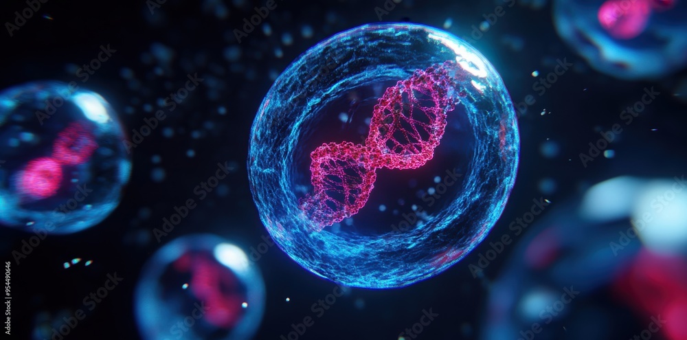 3D model of animal cells with a focus on DNA structures inside ...