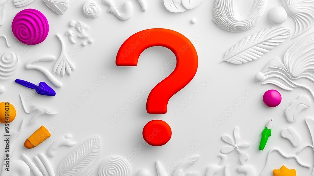 A red question mark is surrounded by a colorful background of various ...