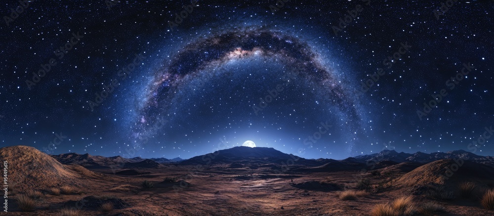Majestic view of the Milky Way stretching its stellar arc over a deserted moonlit landscape with ...
