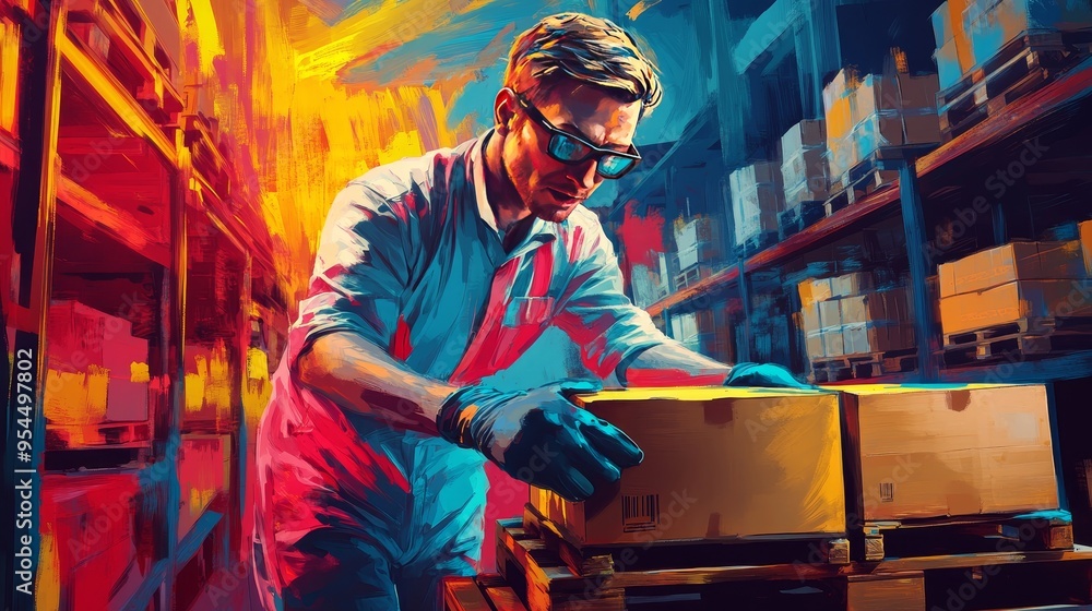 Worker loading boxes onto a wooden pallet in a bustling warehouse ...