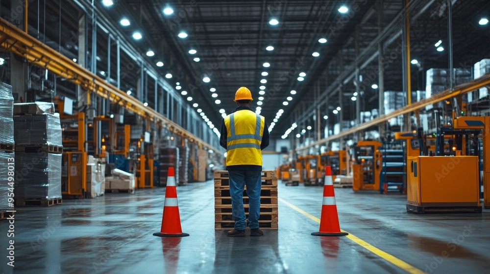 Worker placing safety cones around a heavy pallet in an expansive ...