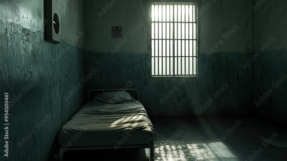 Solitary prison cell, empty with a bed and a small window, cold, gray ...
