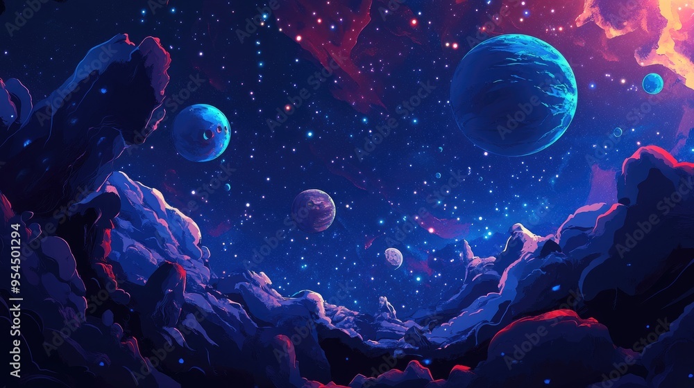 2D illustration featuring a cartoon depiction of deep interstellar ...