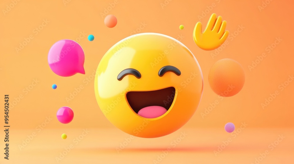 2D Cartoon style rendering featuring an emoticon face waving goodbye ...
