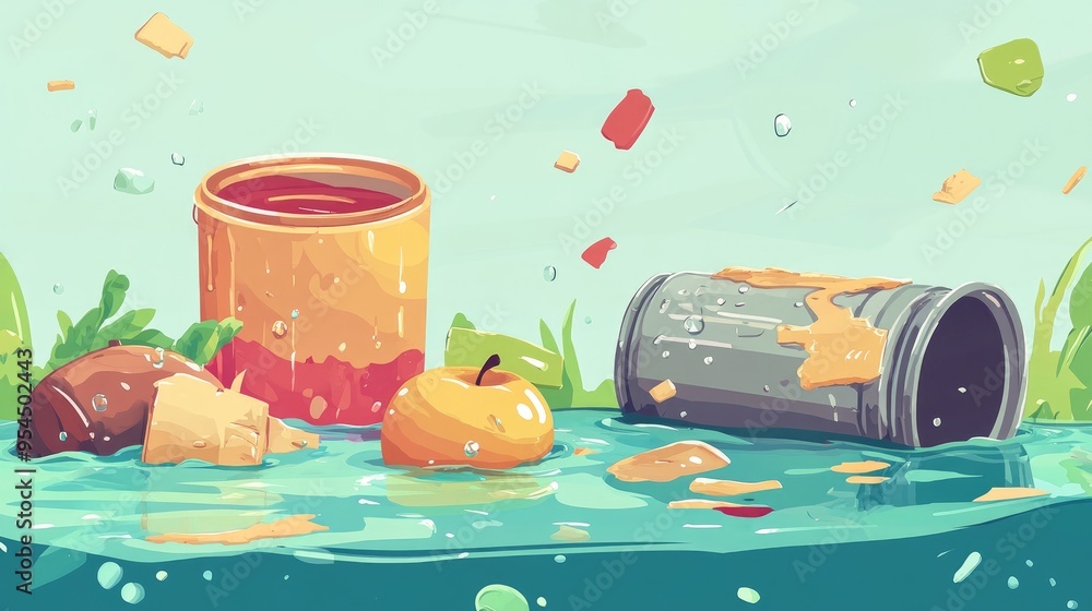 2D cartoon style illustration of water pollution featuring contaminated ...