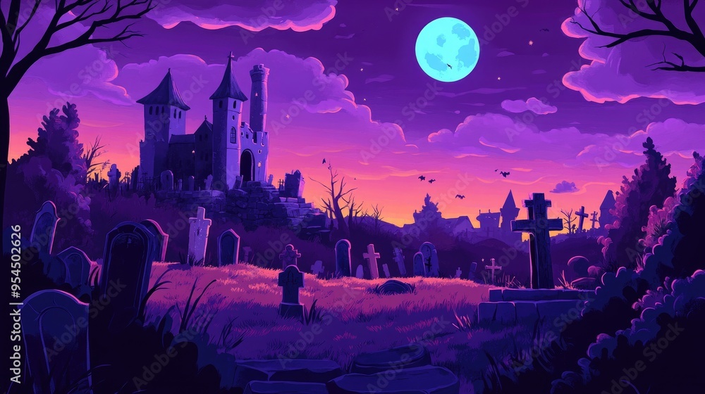 2D cartoon style Halloween illustration featuring a cemetery ghost and ...