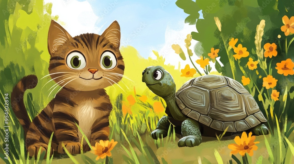 Cartoon style illustration featuring a tabby cat and a turtle Stock ...