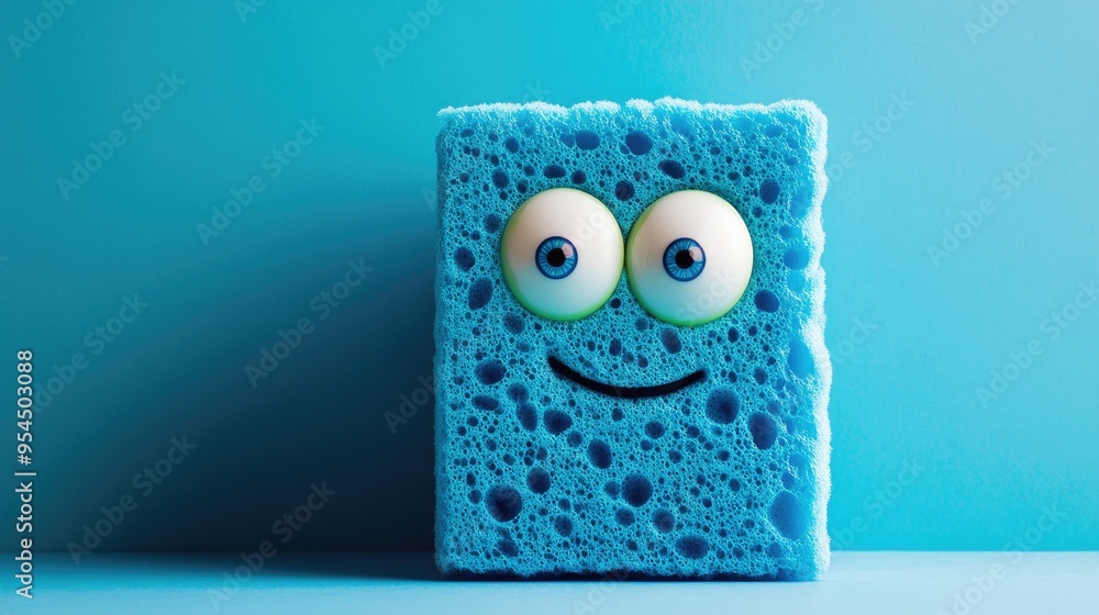Cartoon style cleaning sponge with googly eyes featuring a comical ...