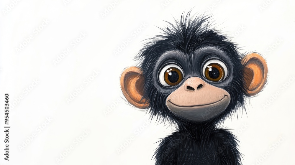 2D cartoon style black monkey illustration in gouache on a white ...