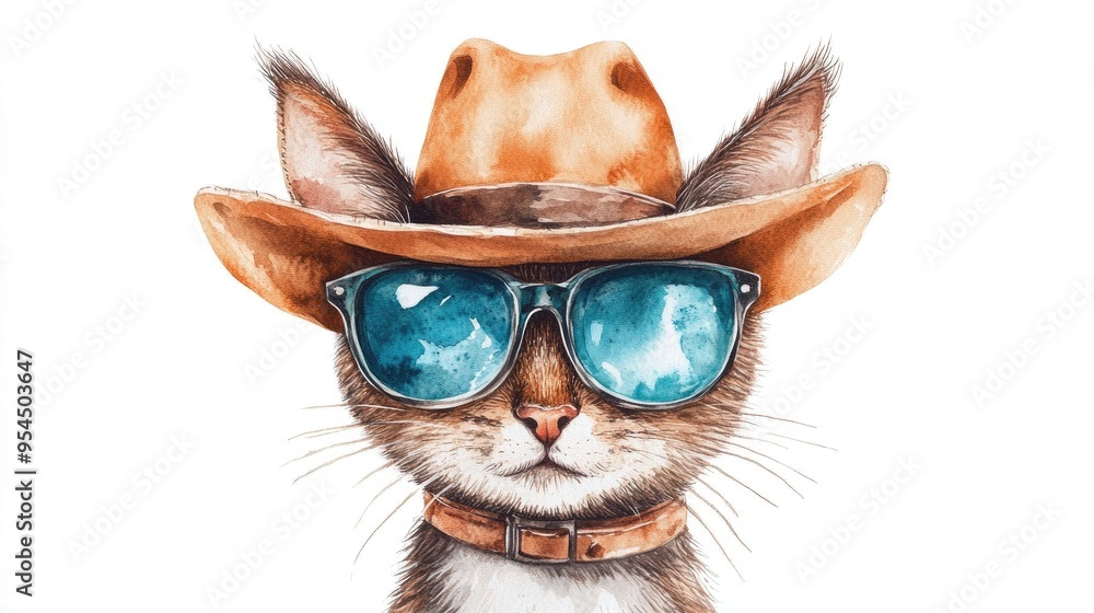 2D cartoon style watercolor illustration of a cat wearing sunglasses ...