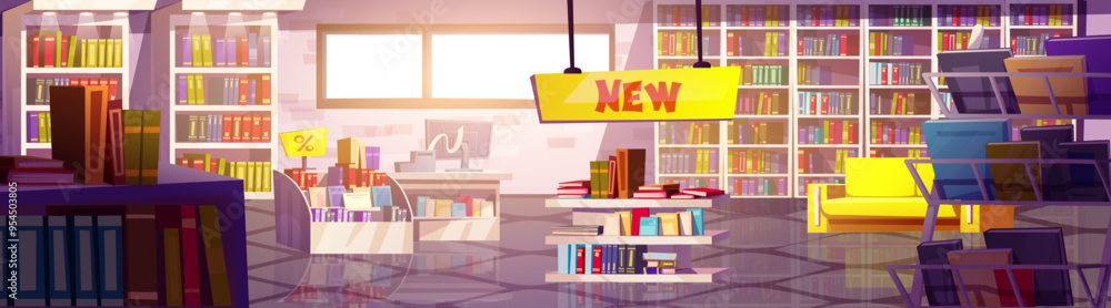 Bookstore interior background. Book store cartoon. School library room ...