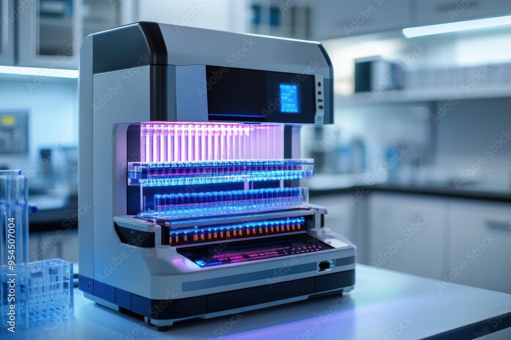Genome sequencing machine analyzing animal DNA samples, illustrating ...