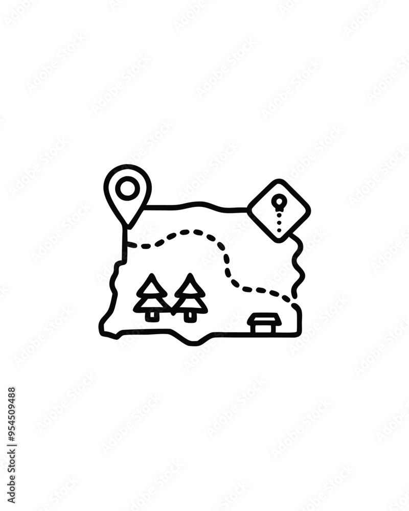Editable stroke vector of an antique map with a pin, question mark ...