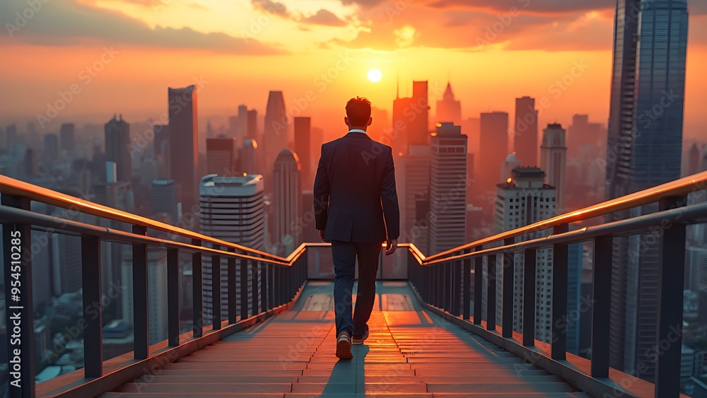 Ambitious business man climbing stairs to meet incoming challenge and ...