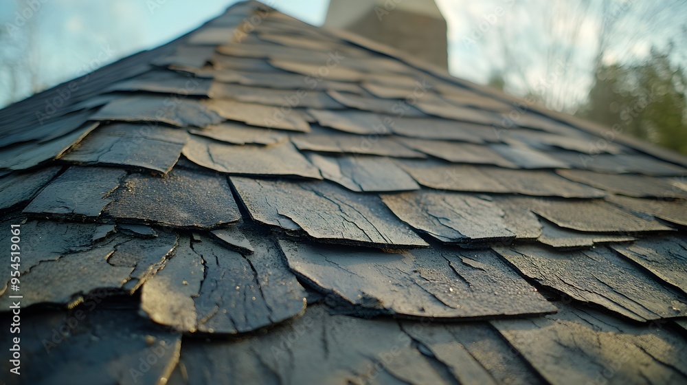 Detailed perspective of a shingle roof with large cracks, missing ...