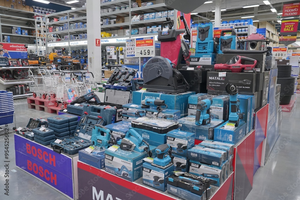 A wide selection of power tools and accessories on display in a ...